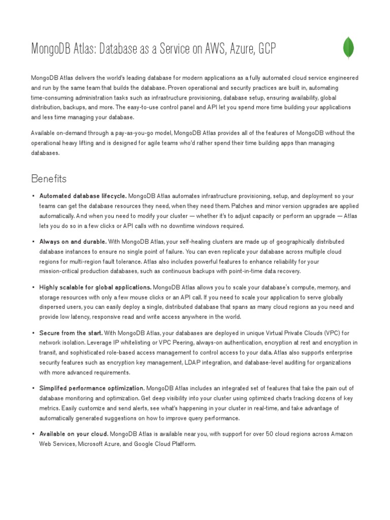 MongoDB Atlas Datasheet | PDF | Mongo Db | Cloud Computing