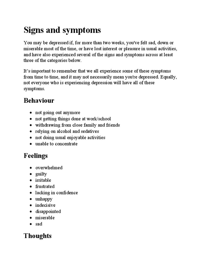 Signs and Symptoms: Behaviour | PDF | Major Depressive Disorder ...