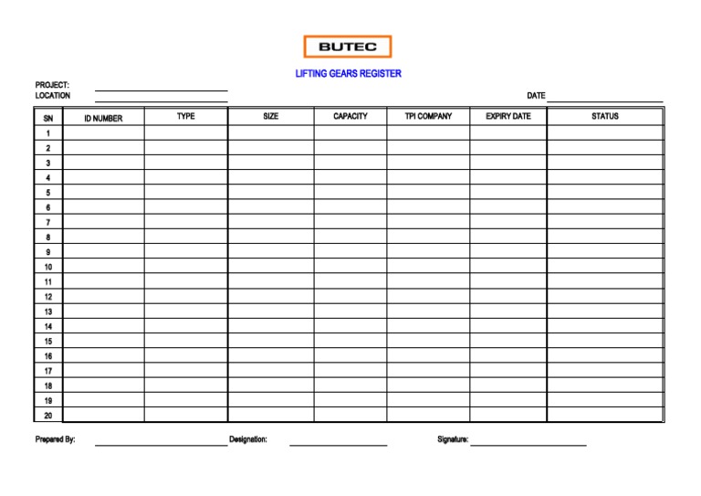 Lifting Gear Register Template | PDF