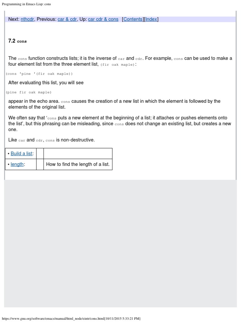 Programming in Emacs Lisp - Cons | PDF