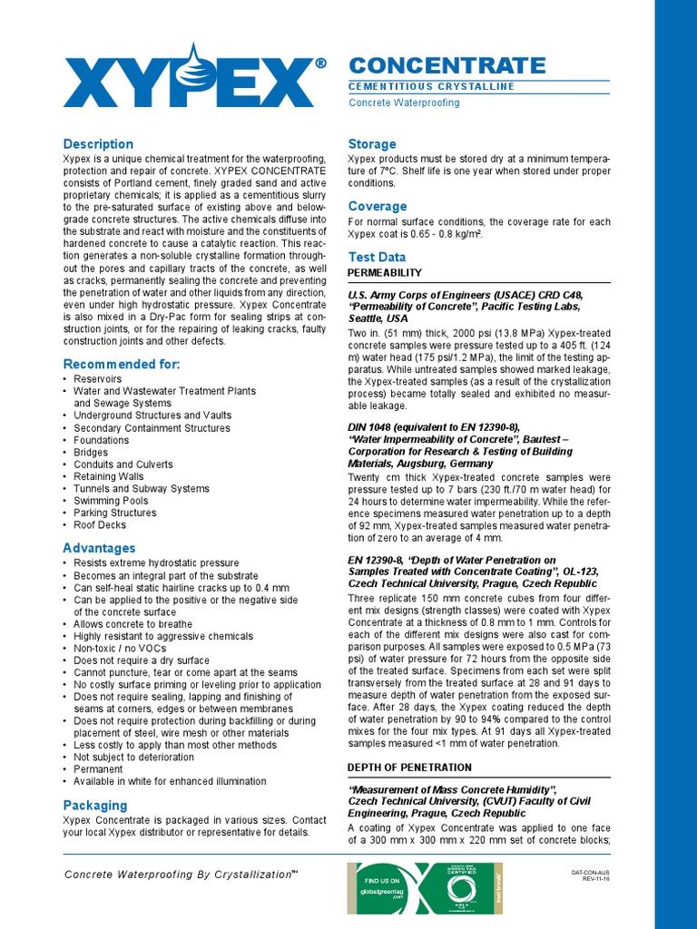 Xypex Concentrate Datasheet | PDF | Corrosion | Concrete