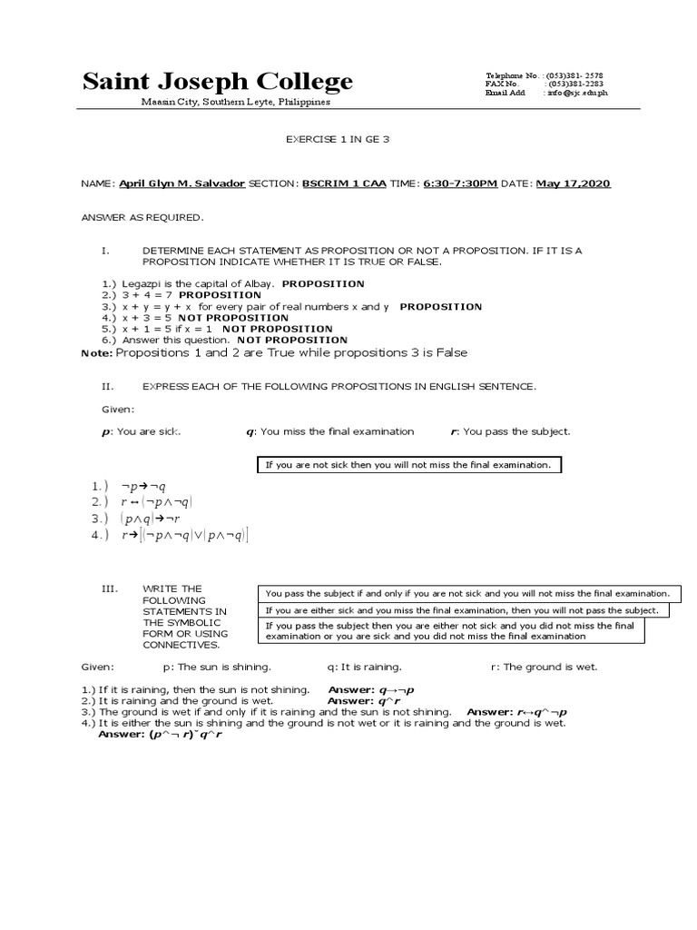 EXERCISE 2 GE 3 Proposition | PDF | Proposition | Semantics