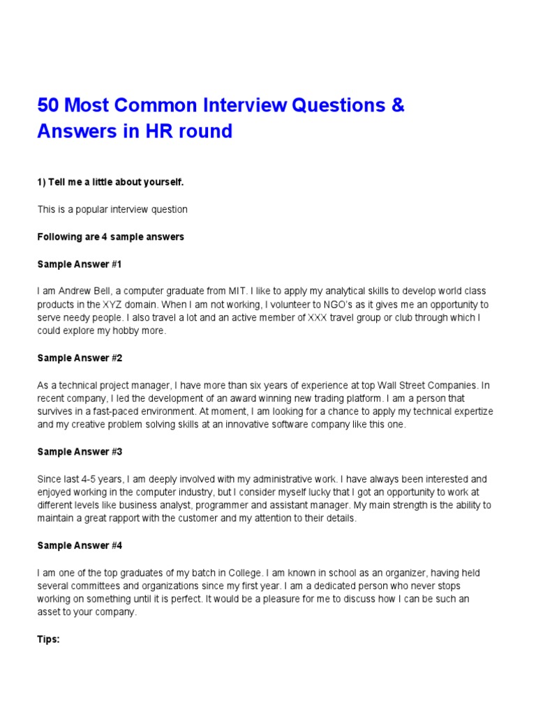 50 Most Common Interview Questions & Answers in HR Round: 1) Tell Me A ...