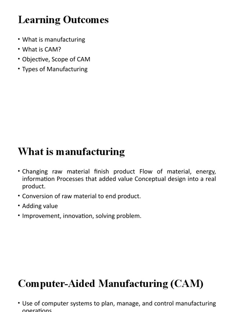 Learning Outcomes: - What Is Manufacturing - What Is CAM? - Objective ...