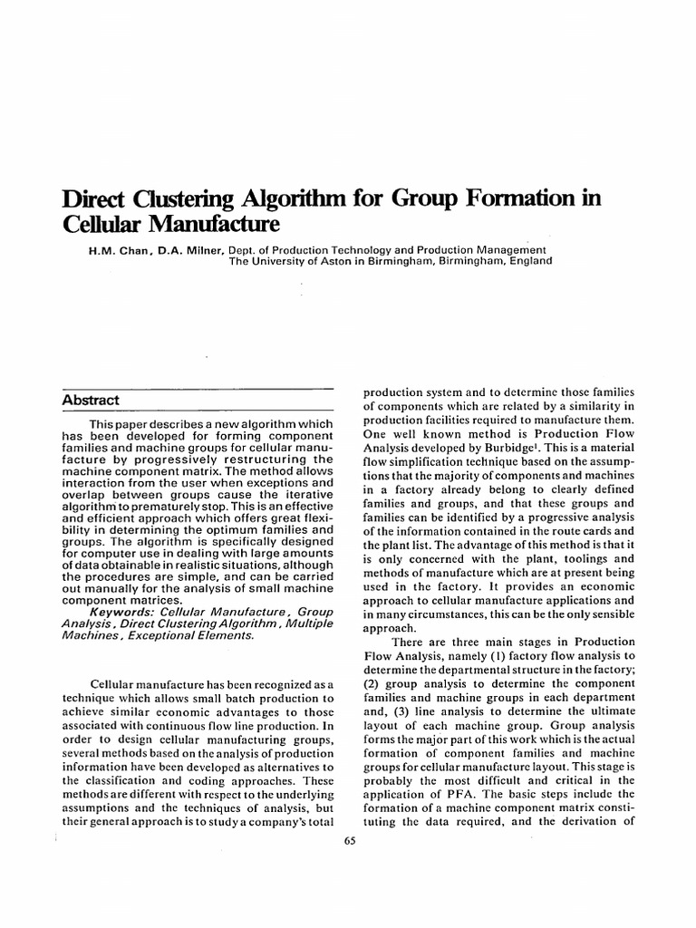 Direct Clustering Algorithm For Group Formation in Cellular Manufacture | PDF | Cluster Analysis ...