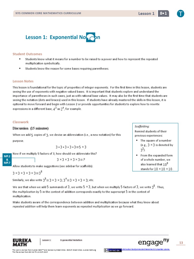 Lesson 1 Exponential Notation Student Outcomes Pdf Exponentiation