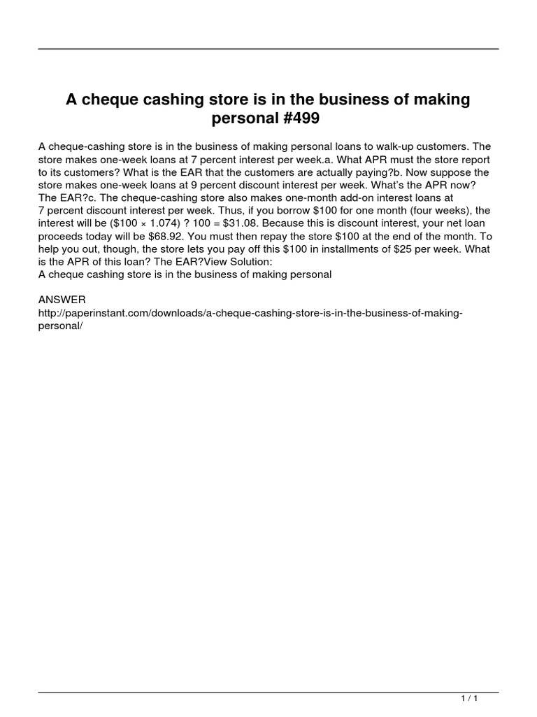 Cheque Cashing Store Loan Calculations | PDF | Business | Finance ...