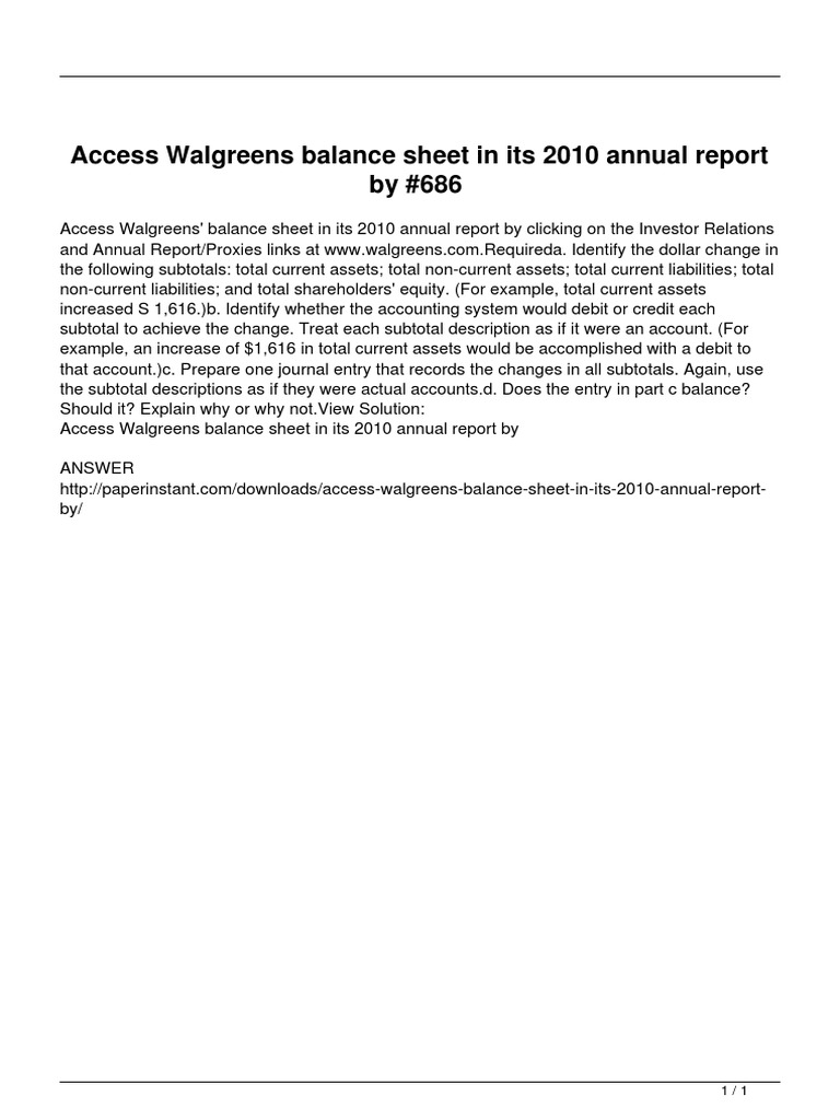 Access Walgreens Balance Sheet in Its 2010 Annual Report by | PDF
