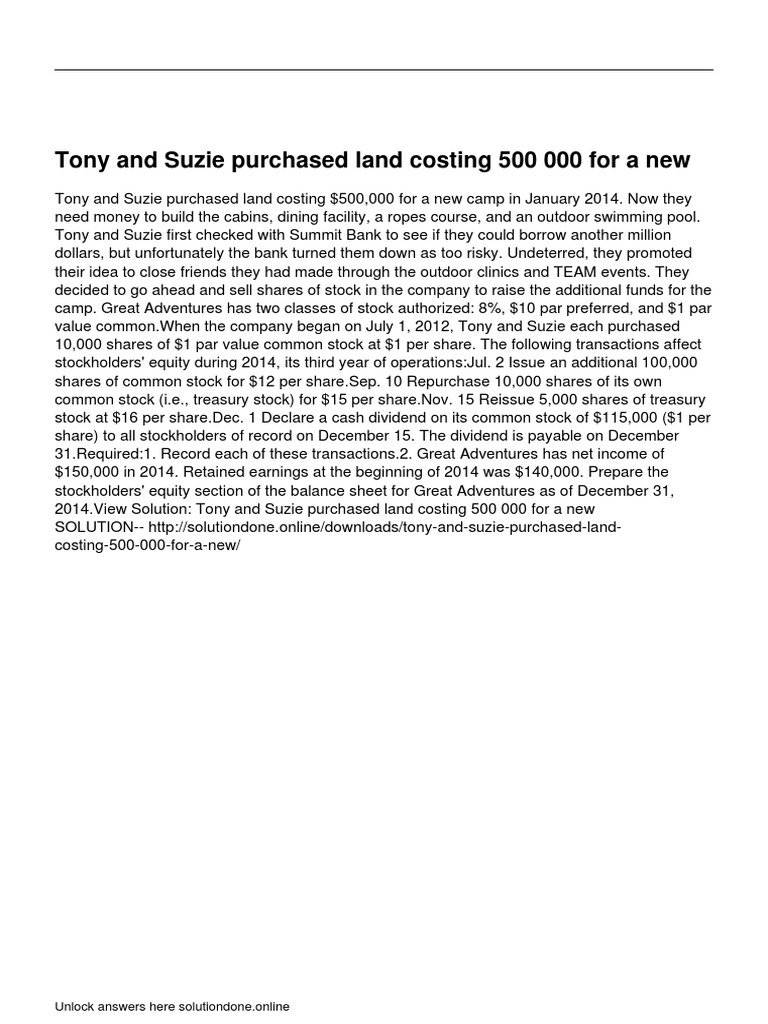 Tony and Suzie Purchased Land Costing 500 000 For A New: Unlock Answers Here Solutiondone ...