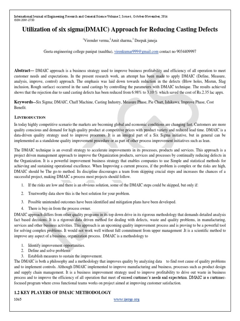 Utilization of Six Sigma (DMAIC) Approach For Reducing Casting Defects | PDF | Six Sigma | Foundry