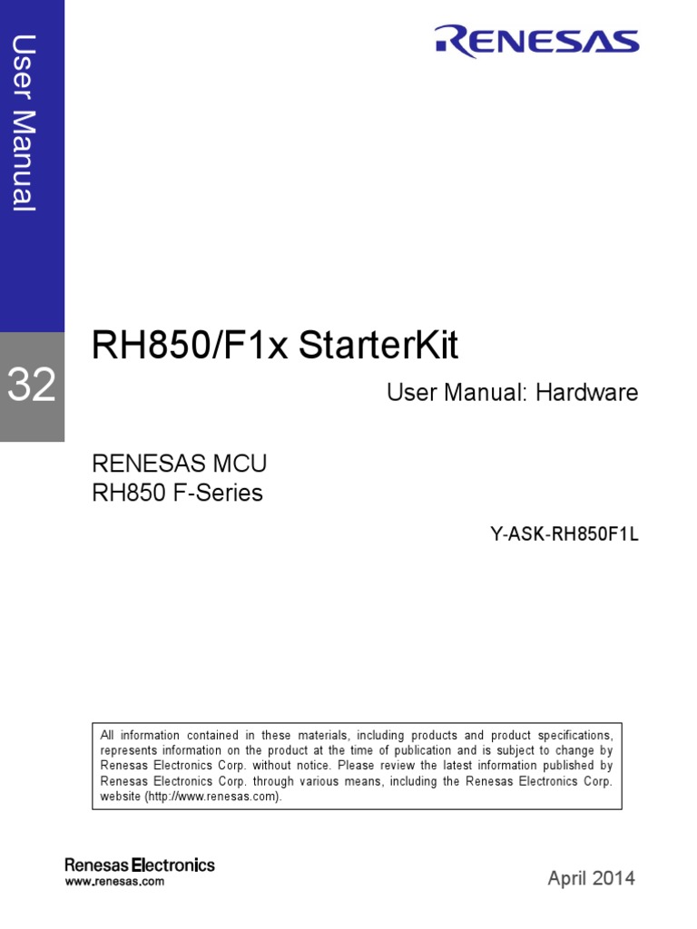 Rh850/F1X Starterkit: User Manual: Hardware Renesas Mcu Rh850 F-Series ...