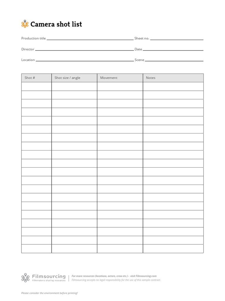 Filmsourcing Camera Shot List PDF | PDF