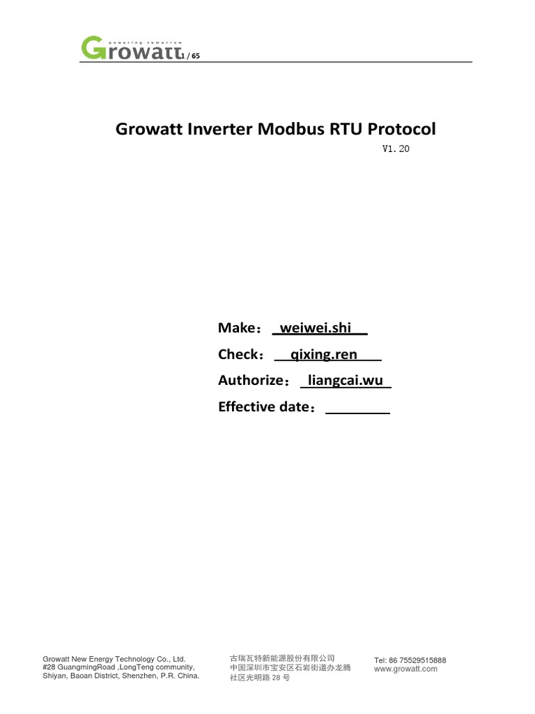 Growatt Inverter Modbus RTU Protocol - II V1 - 20-English | PDF | Electronics | Electrical ...