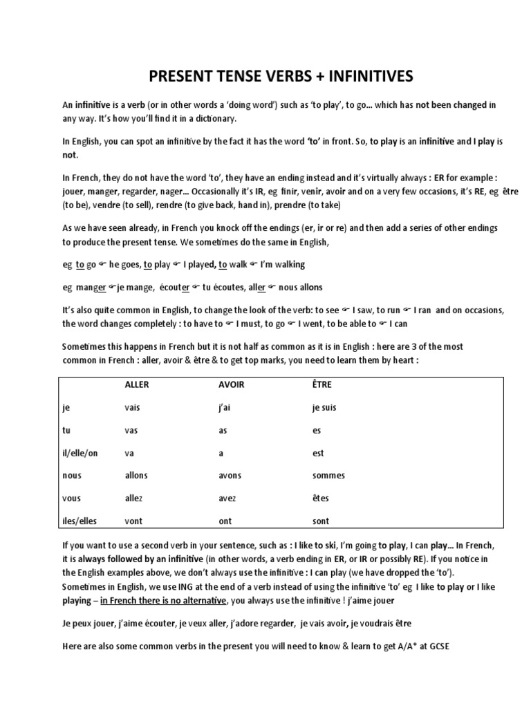 PRESENT TENSE VERBS + INFINITIVES | PDF | English Language | Syntactic ...