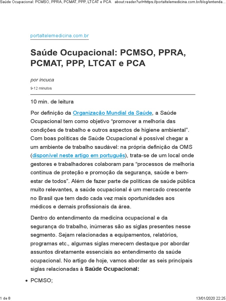 Saúde Ocupacional - PCMSO, PPRA, PCMAT, PPP, LTCAT e PCA | PDF | Terapia ocupacional ...