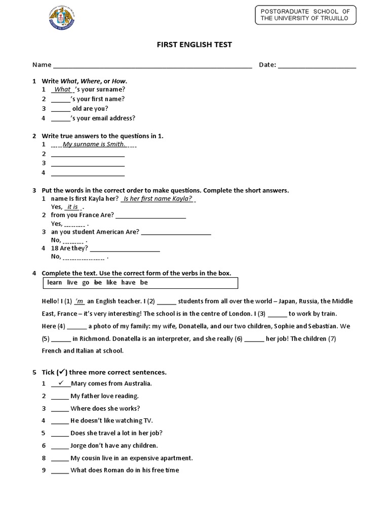 First English Test: Name - Date | PDF | Hotel | Hotel And Accommodation