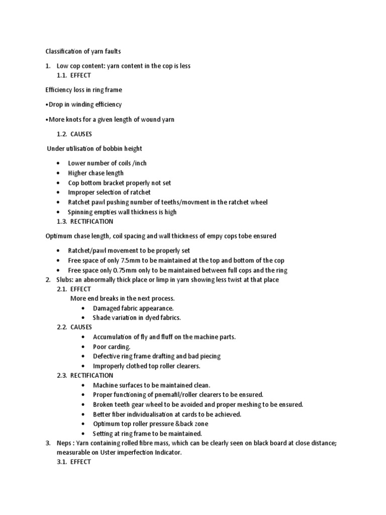 Classification of Yarn Faults | PDF | Spinning (Textiles) | Yarn