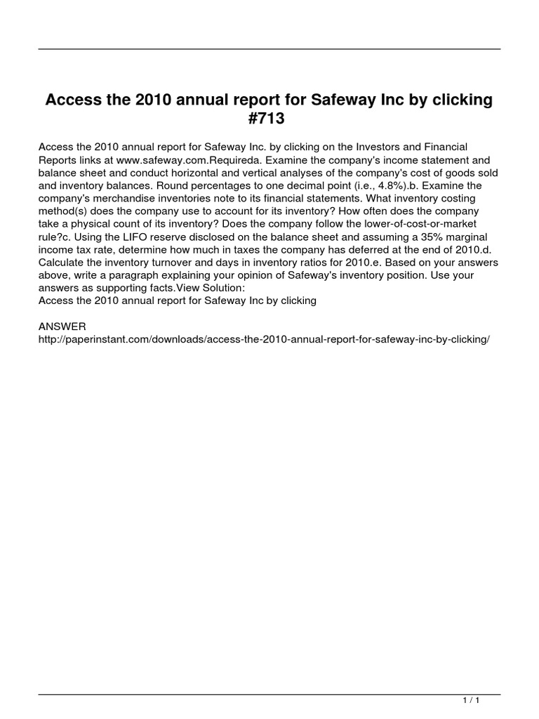 Access The 2010 Annual Report For Safeway Inc by Clicking | PDF