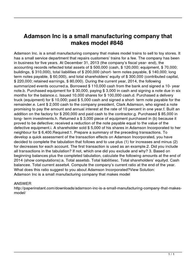 Adamson Inc Is A Small Manufacturing Company That Makes Model | PDF ...