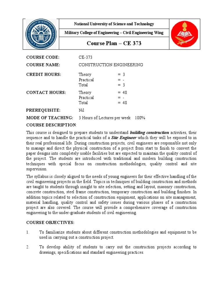 CE 373 Const Engg Course Plan, 26-9-19 | PDF | Engineering | Concrete