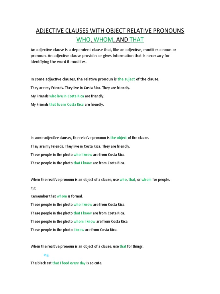 Adjective Clauses With Object Relative Pronouns Who, Whom and That | PDF