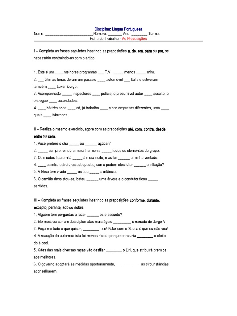 Ficha de Preposições | PDF