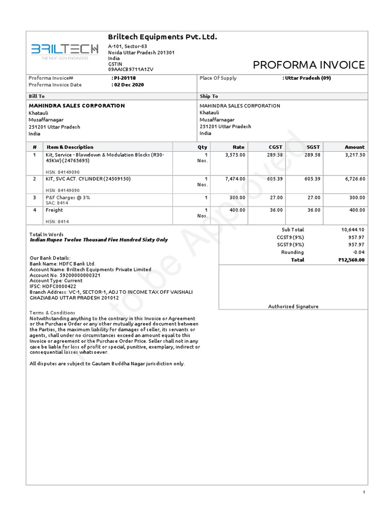 Yet To Be Approved: Proforma Invoice | PDF | Invoice | Taxes