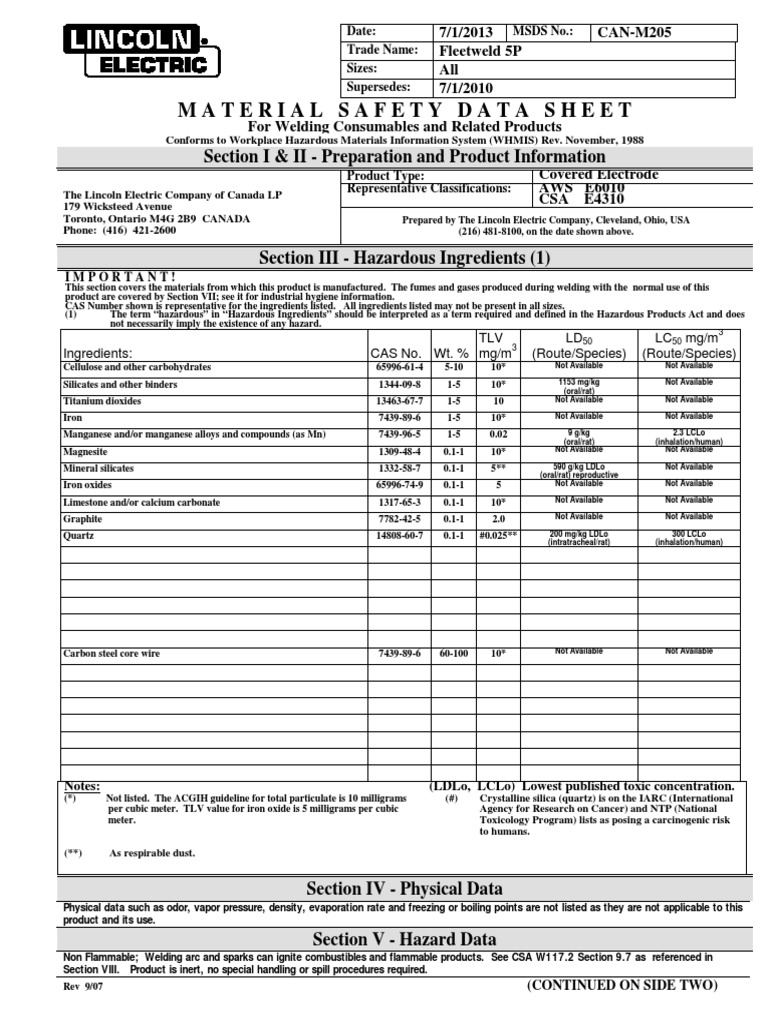 Lincoln Electric 6010 5P MSDS PDF | PDF | Welding | Construction