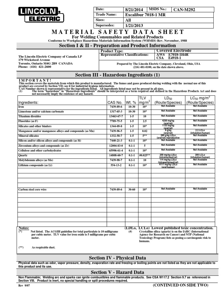 Lincoln Electric 7018 MSDS | PDF | Welding | Construction