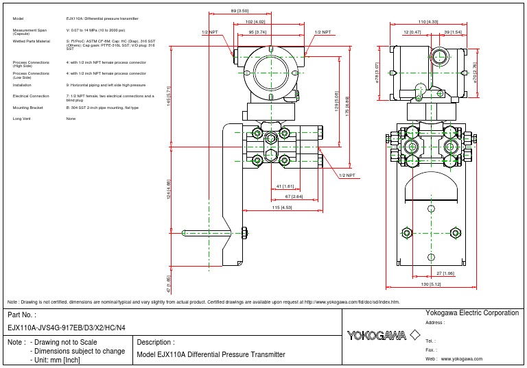 Part No.: EJX110A-JVS4G-917EB/D3/X2/HC/N4 Description: Model EJX110A ...