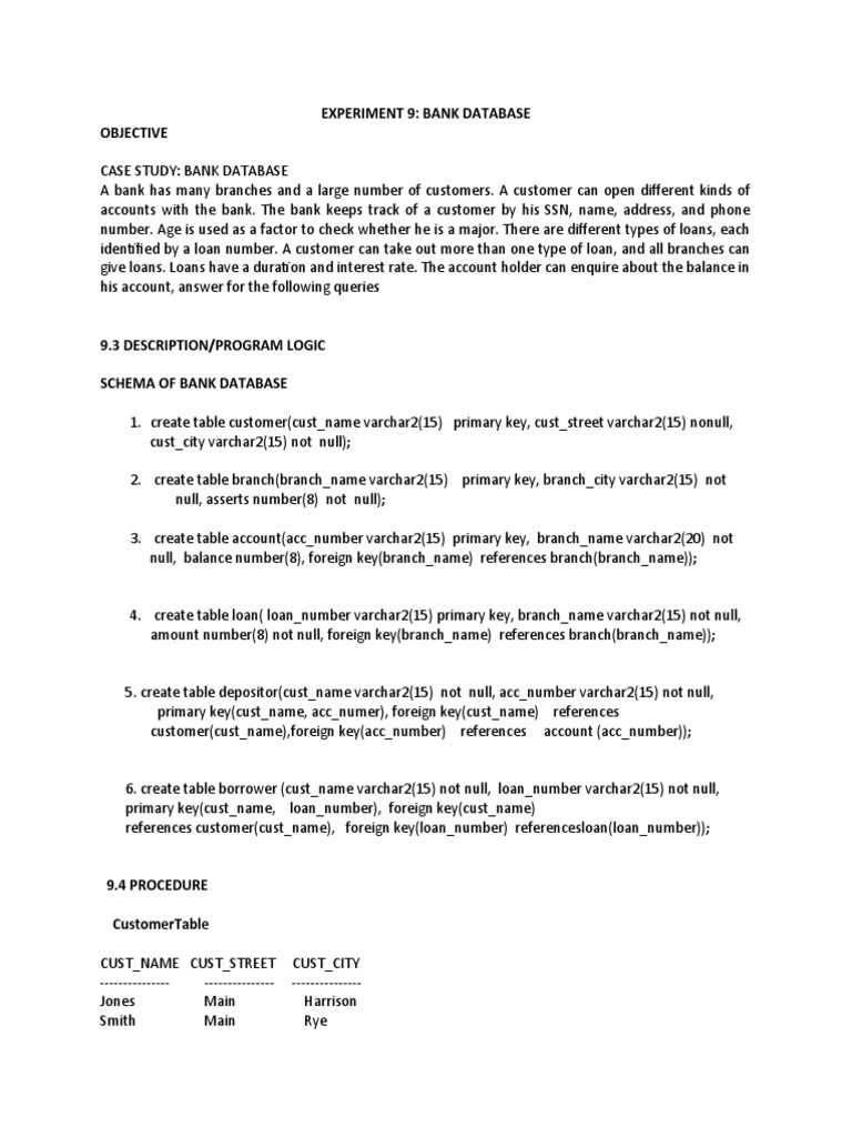 Experiment 9: Bank Database Objective | PDF | Databases | Information ...