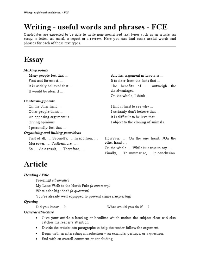 Writing - Useful Words and Phrases - FCE: Making Points | PDF | Essays ...