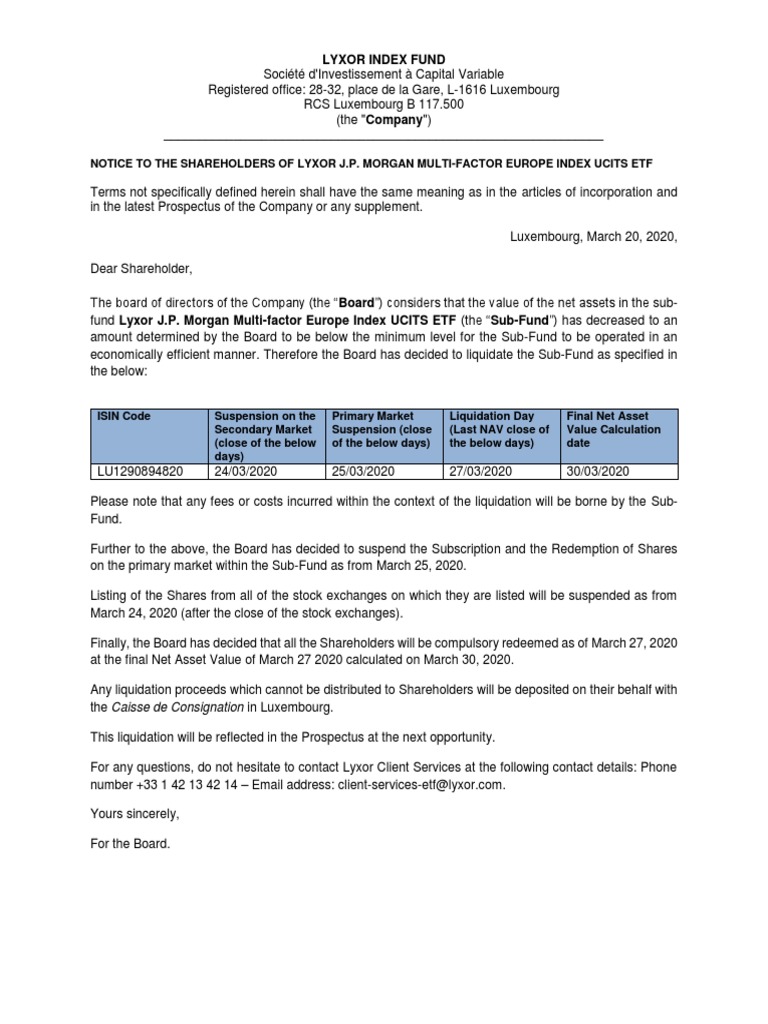 Uk Final Liquidation Lyxor JP Morgan Multifactor Europe Index Ue ...