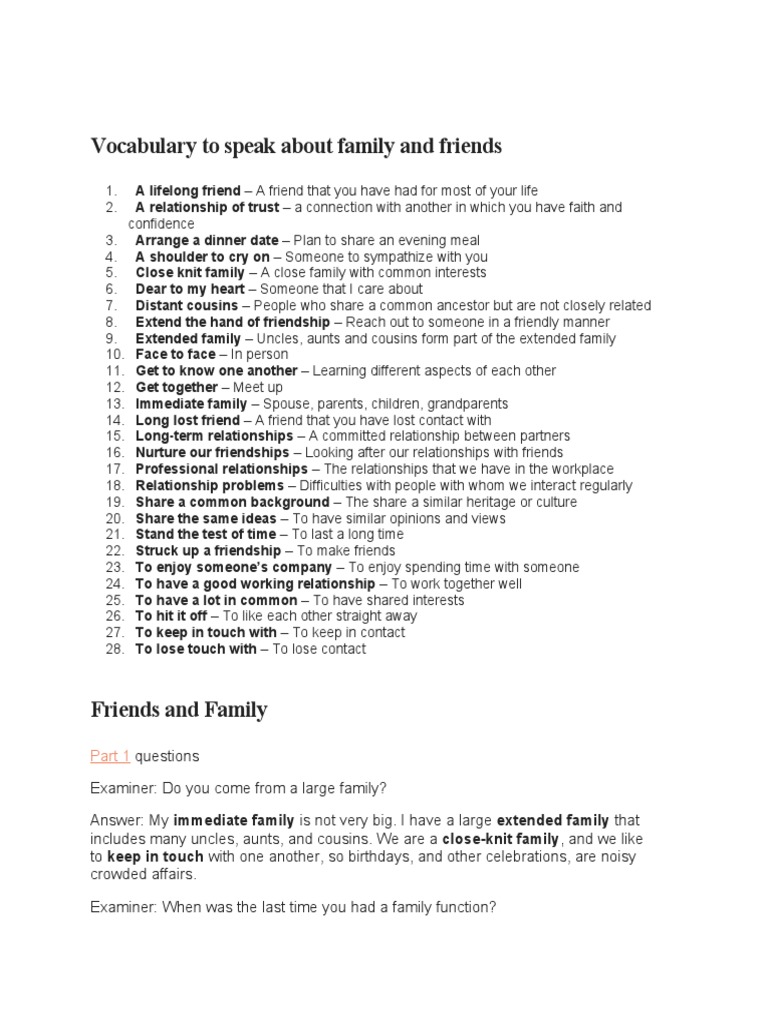 Vocabulary for Friendship and Family | PDF