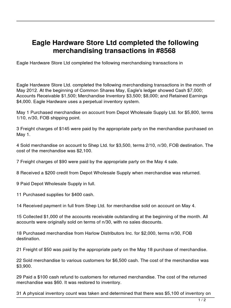 Eagle Hardware Store LTD Completed The Following Merchandising ...