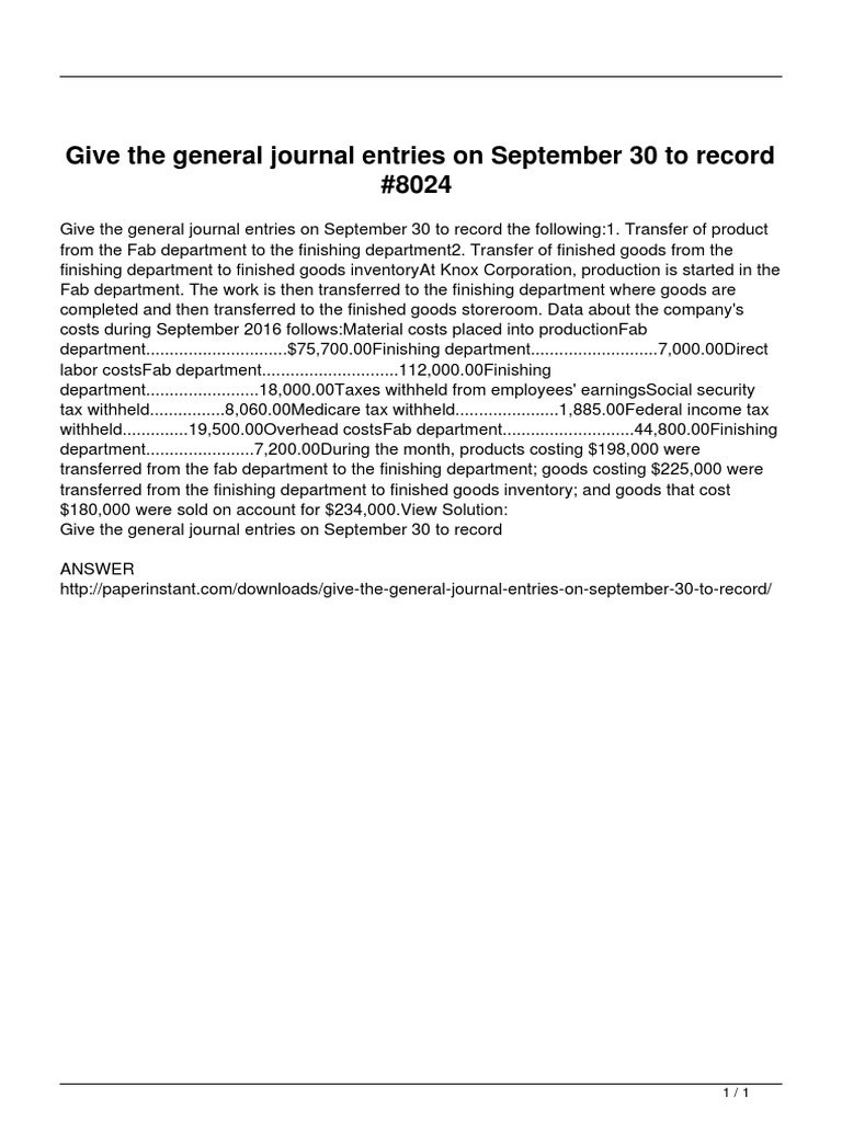 Give The General Journal Entries On September 30 To Record | PDF