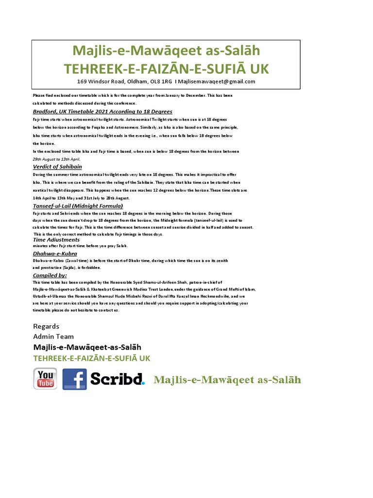 Bradford Annual Salah Timetable 2021 | PDF | Twilight | Salat