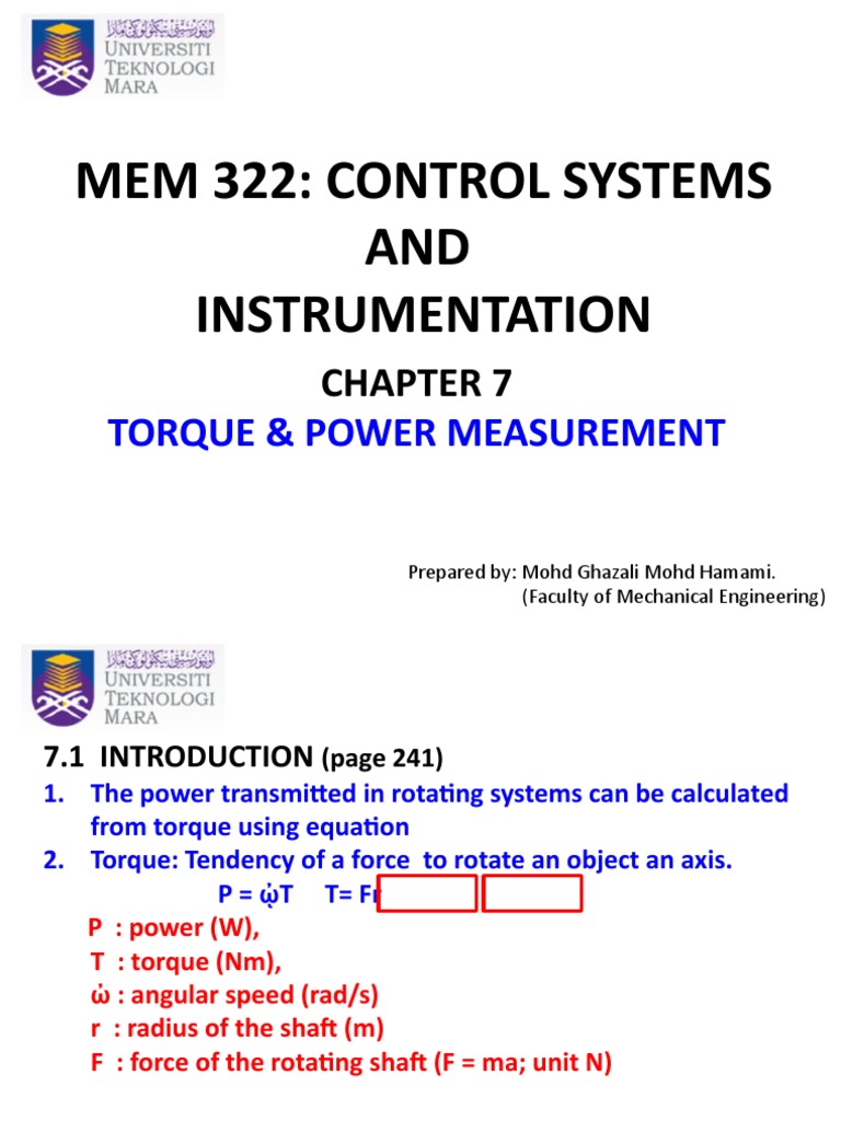 MEC322 Chapter 7 - TORQUE & POWER MEASUREMENT | PDF | Torque | Electric Motor