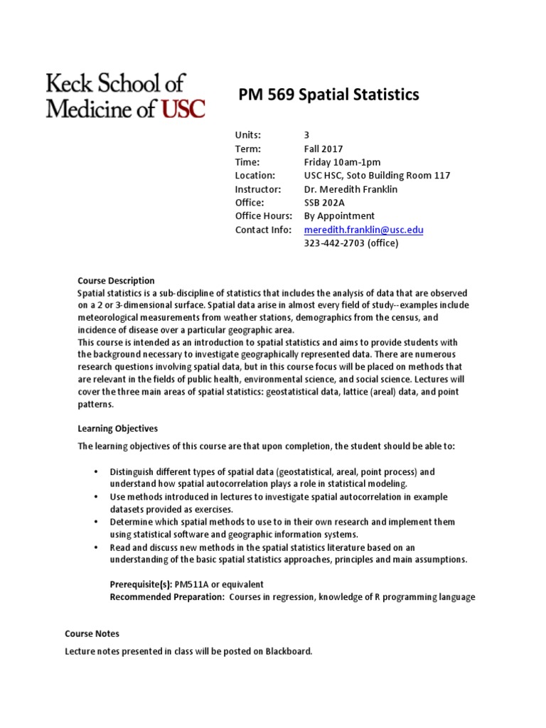 PM 569 Spatial Statistics: Course Description | PDF | Spatial Analysis ...