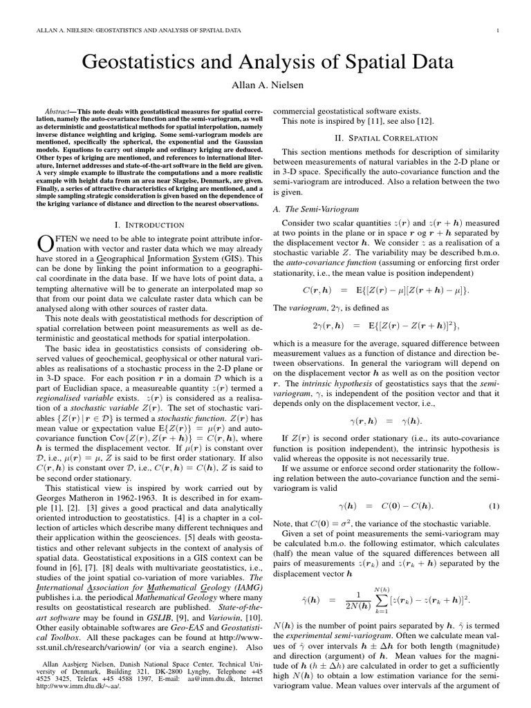 Geostatistics and Analysis of Spatial Data: Allan A. Nielsen | PDF | Stationary Process ...
