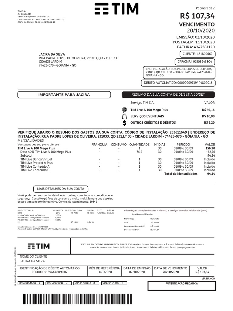 Fatura de serviços de telecomunicações da TIM S.A. para Jacira da Silva ...