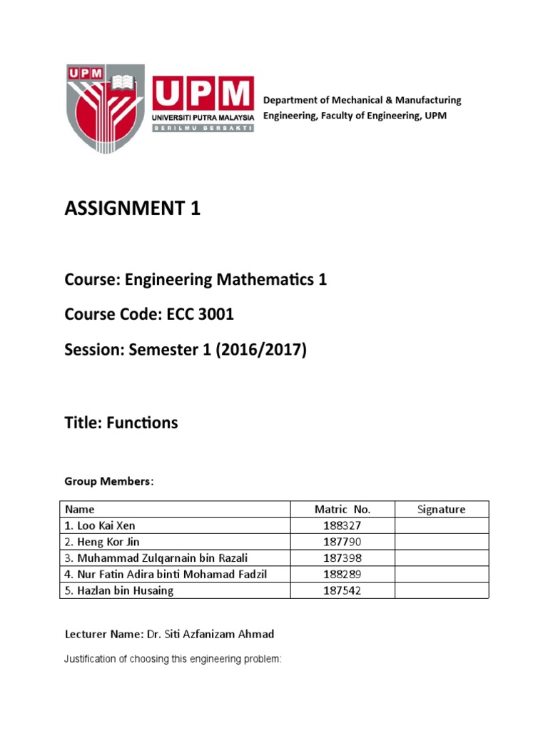 Assignment 1: Course: Engineering Mathematics 1 Course Code: ECC 3001 ...