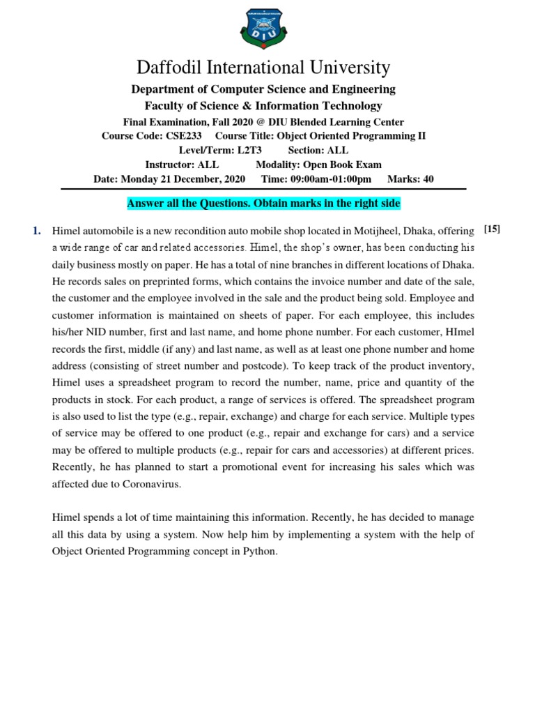 OOP II Final Exam Fall 2020 | PDF | Computer Science | Computing