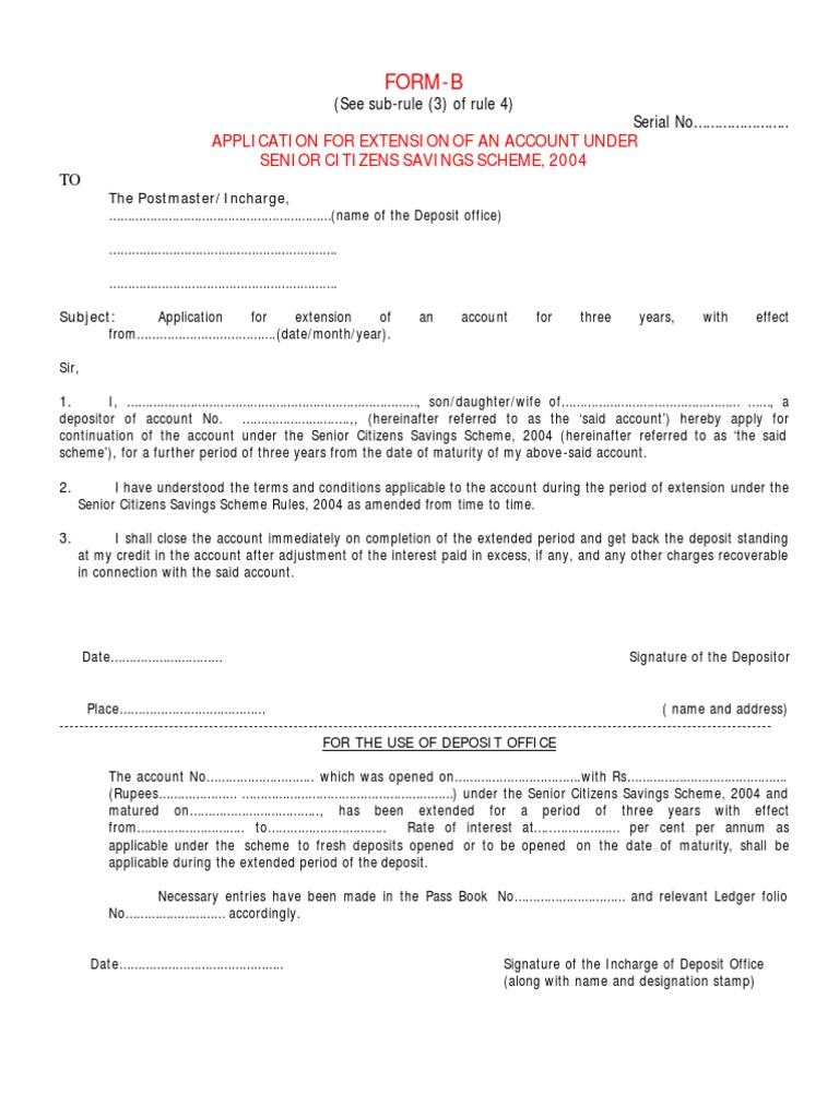 Form-B: Application For Extension of An Account Under Senior Citizens ...