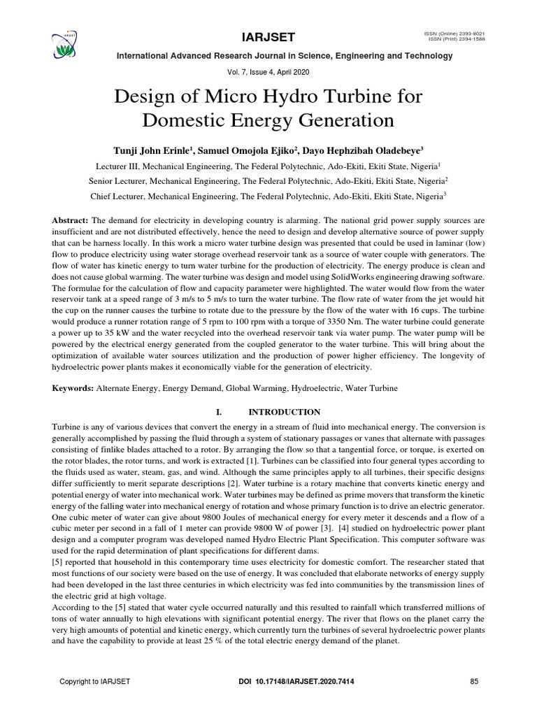 Design of Micro Hydro Turbine For Domest PDF | PDF | Turbine ...