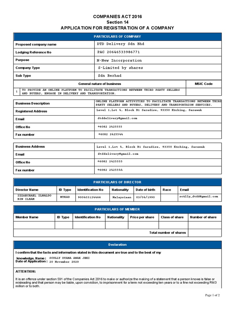 Application For Registration of Company 1 | PDF | Business | Government