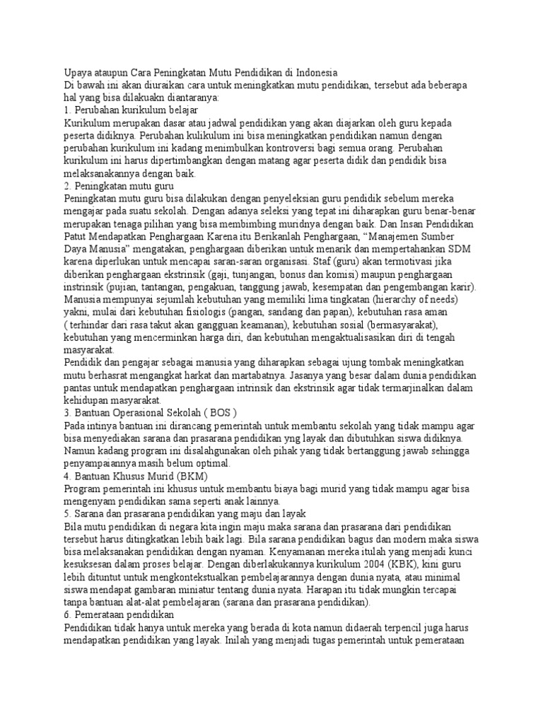 Upaya Ataupun Cara Peningkatan Mutu Pendidikan Di Indonesia | PDF