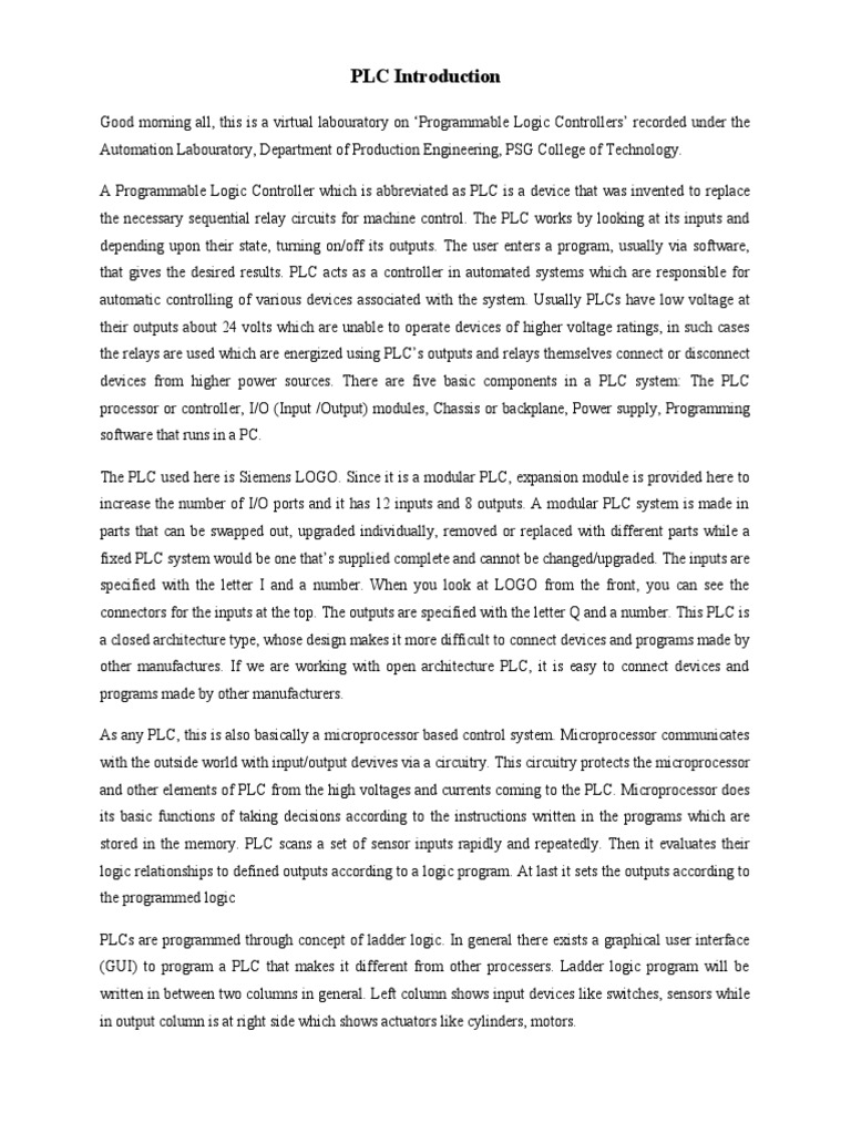 PLC Introduction: Programmable Logic Controller Basics | PDF ...