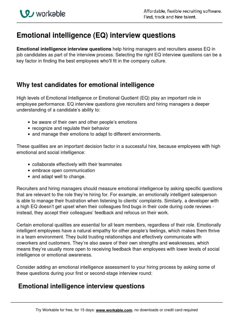 Emotional Intelligence Interview Questions | PDF | Emotional ...