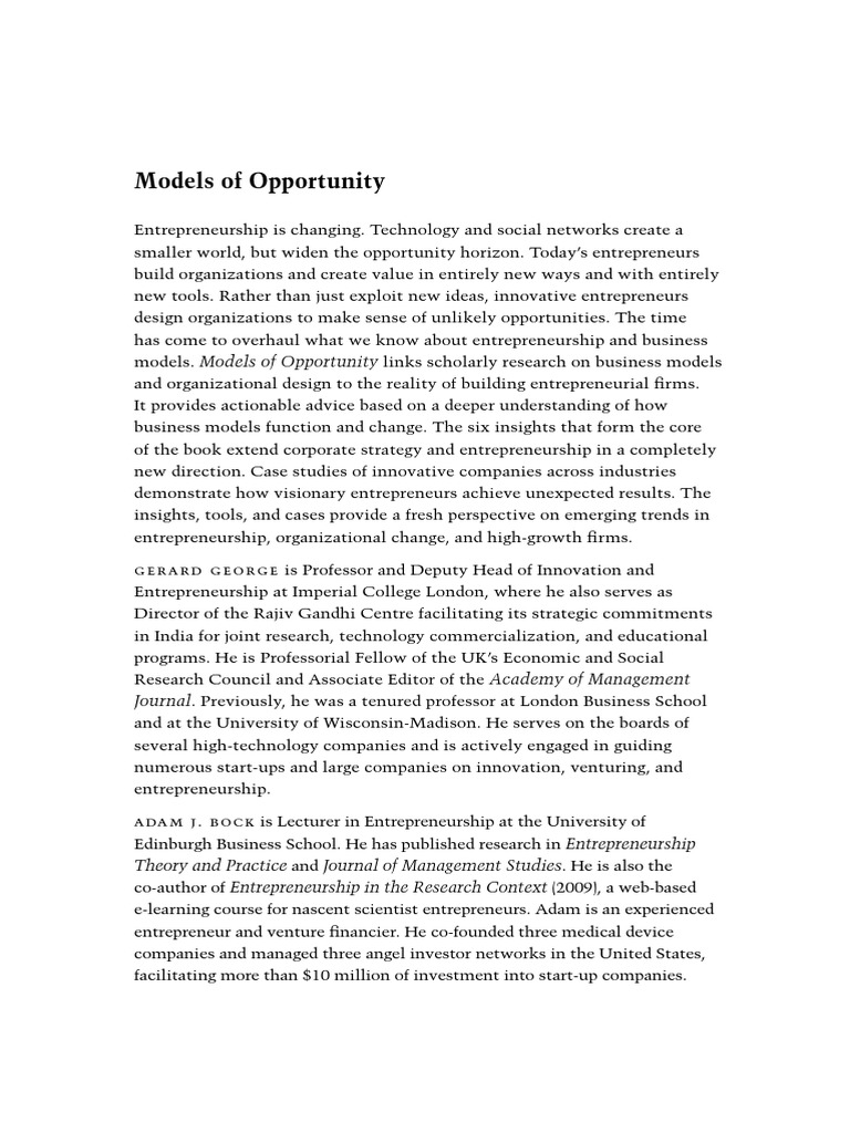 Gerard George - Adam J Bock - Models of Opportunity - How Entrepreneurs ...